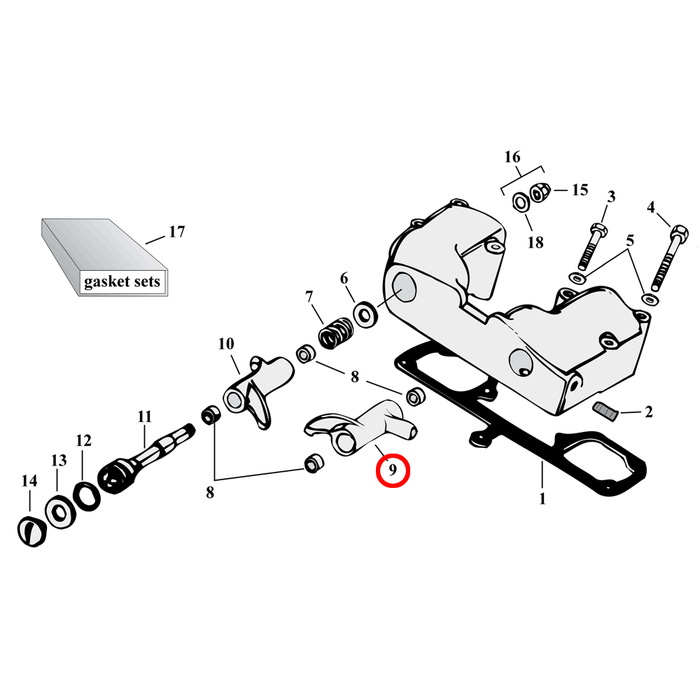 Rocker Box Parts Diagram räjäytetty näkymä 57-85 Harley Sportsterille