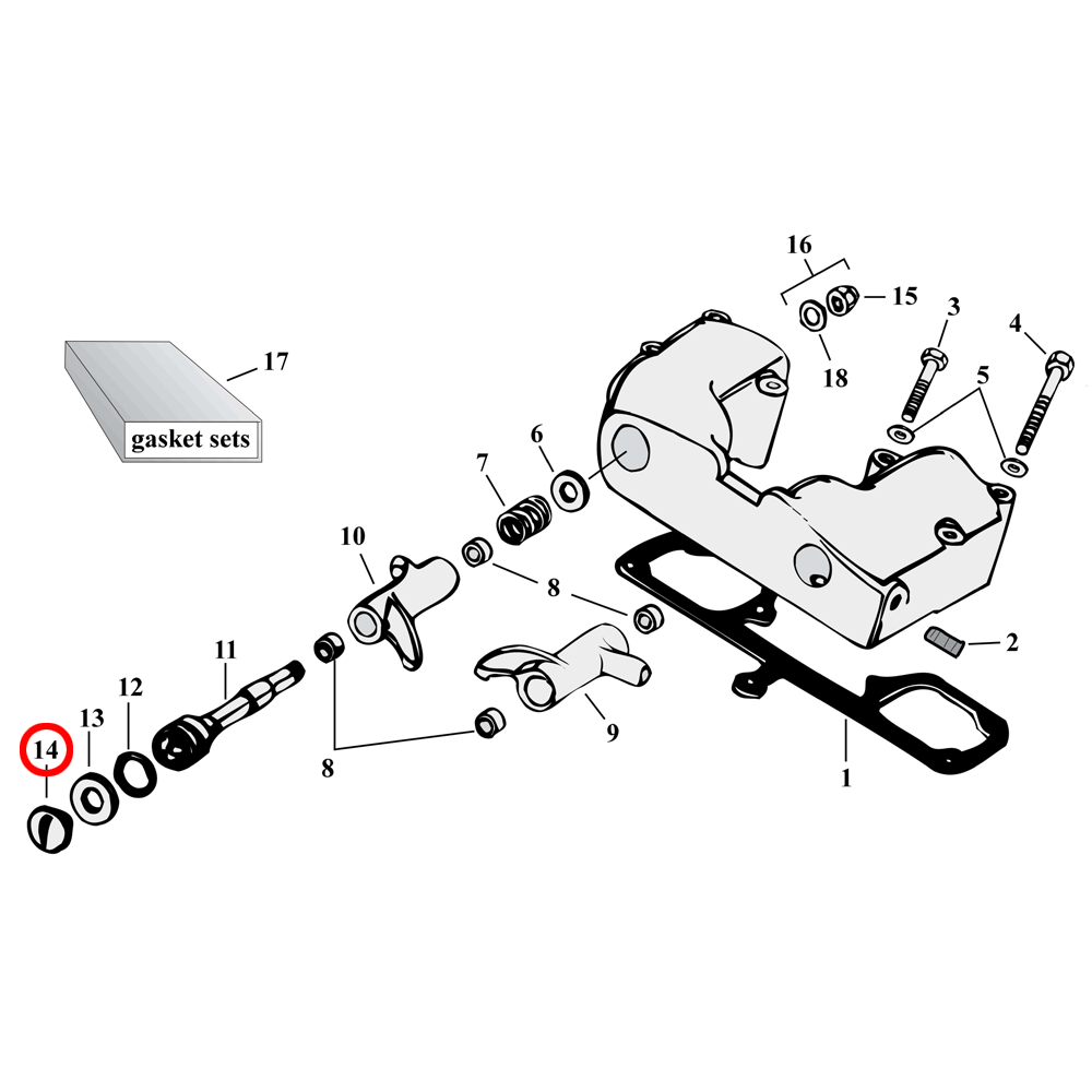 Rocker Box Parts Diagram räjäytetty näkymä 57-85 Harley Sportsterille