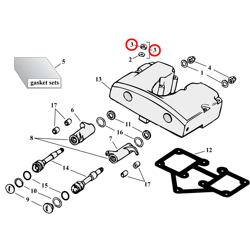 Rocker Box Parts Diagram räjäytetty näkymä Harley Shovelheadille