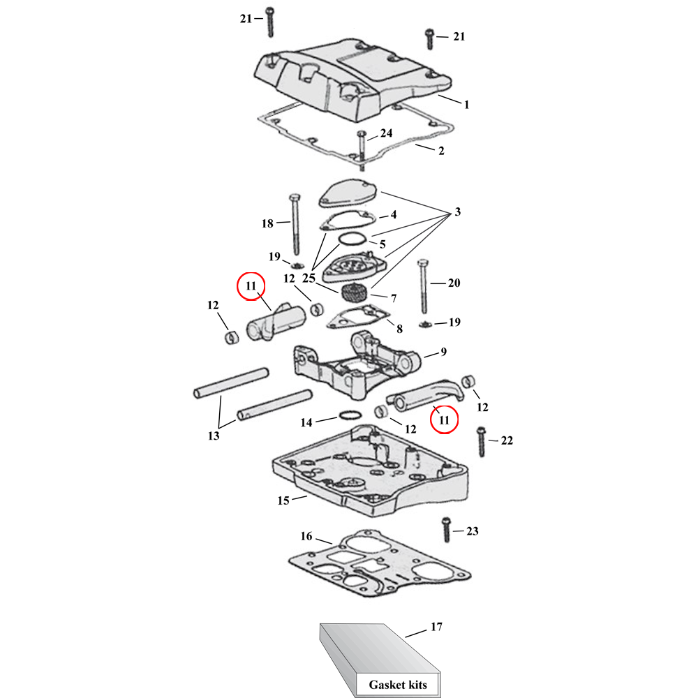Rocker Box Parts Diagram räjäytetty näkymä Harley Twin Camille